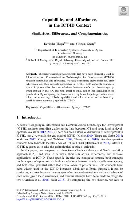 (PDF) Capabilities and Affordances in the ICT4D Context