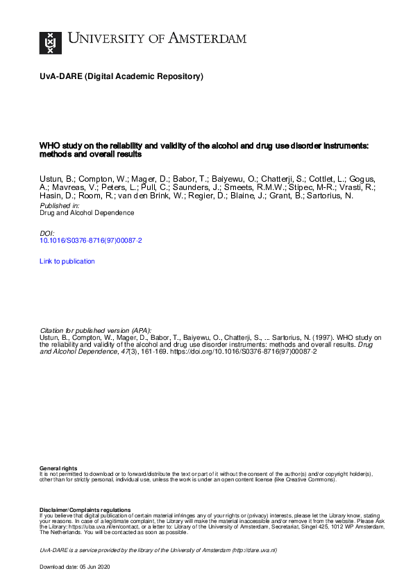 (PDF) WHO Study on the reliability and validity of the alcohol and drug ...