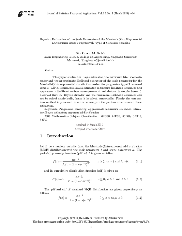 Pdf Bayesian Estimation Of The Scale Parameter Of The Marshall Olkin Exponential Distribution 