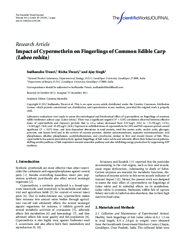 (PDF) Impact of cypermethrin on fingerlings of common edible carp ...