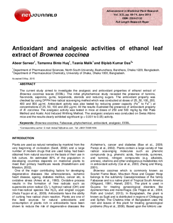 (PDF) Antioxidant and analgesic activities of ethanol leaf extract of Brownea coccinea
