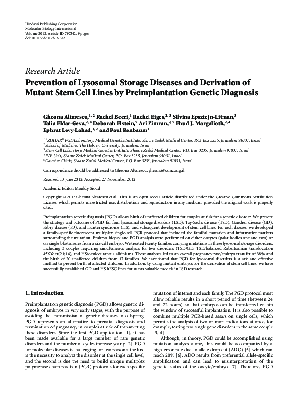 Prevention of Lysosomal Storage Diseases and Derivation of Mutant Stem ...