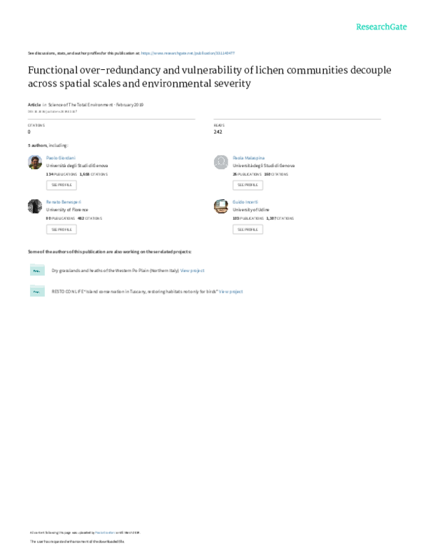 (PDF) Functional over-redundancy and vulnerability of lichen communities decouple across spatial ...