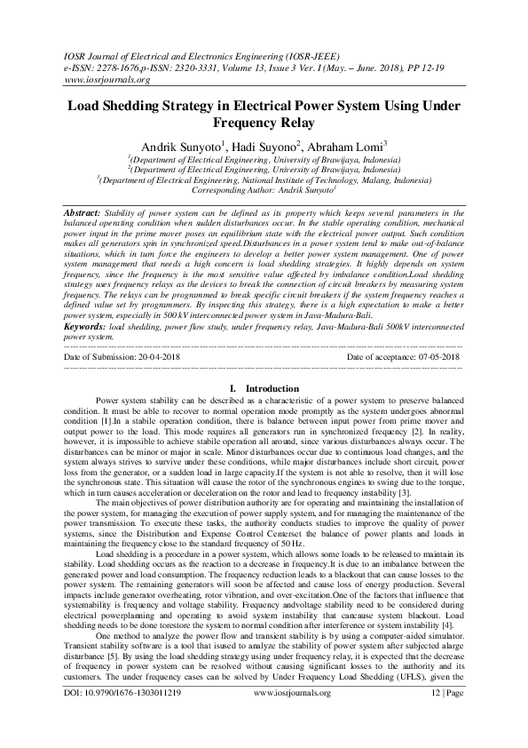 (PDF) Load Shedding Strategy in Electrical Power System Using Under Frequency Relay