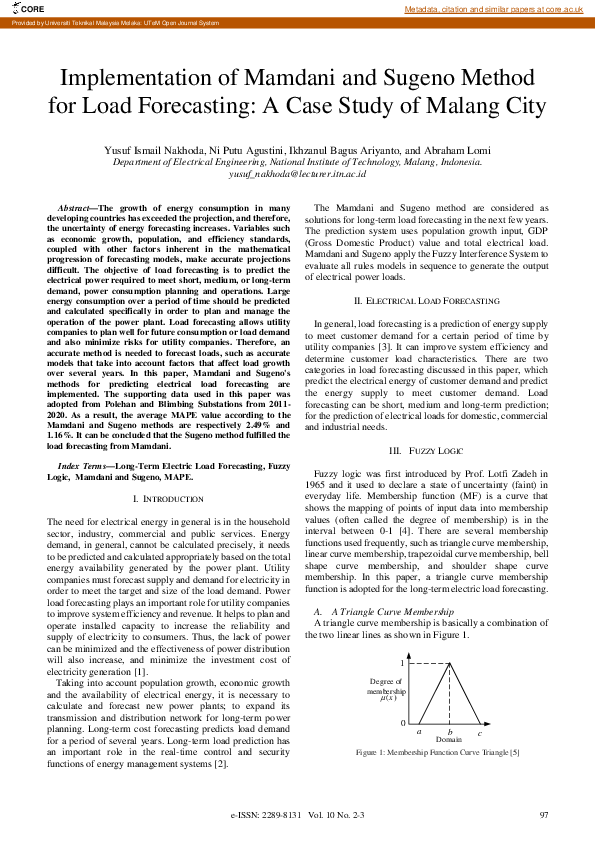(PDF) Implementation of Mamdani and Sugeno Method for Load Forecasting: A Case Study of Malang City