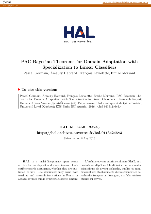 (PDF) PAC-Bayesian Theorems for Domain Adaptation with Specialization to Linear Classifiers