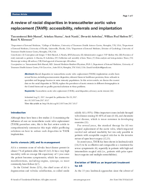(PDF) A review of racial disparities in transcatheter aortic valve replacement (TAVR ...