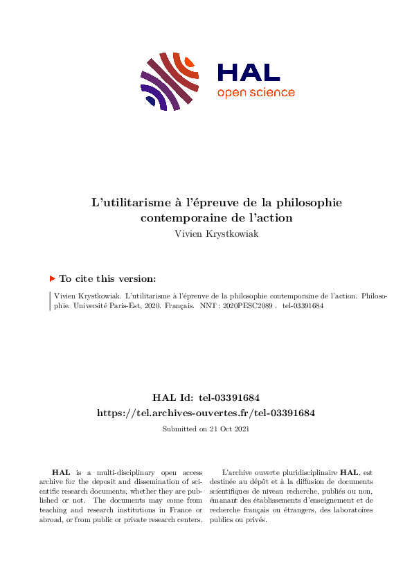 (PDF) L’utilitarisme à l’épreuve de la philosophie contemporaine de l ...