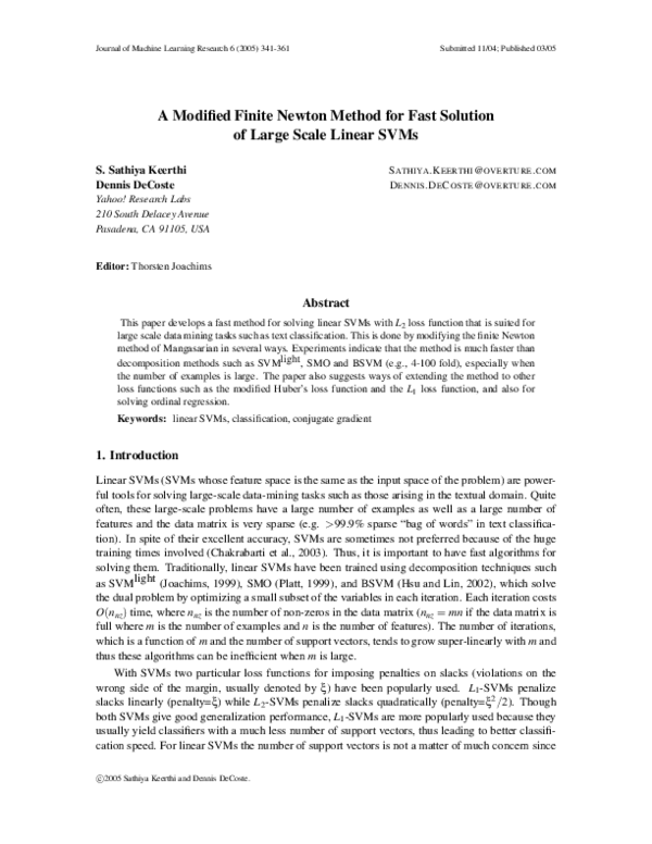 Pdf A Modified Finite Newton Method For Fast Solution Of Large Scale Linear Svms