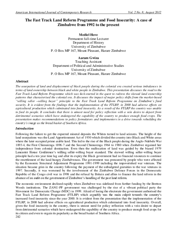 (PDF) The Fast Track Land Reform Programme and Food Insecurity: A case of Zimbabwe from 1992 to ...