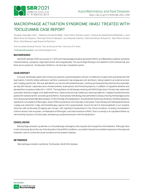 (PDF) Macrophage activation syndrome(MAS) treated with tocilizumab: Case Report