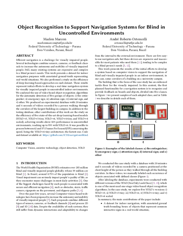 (PDF) Object Recognition to Support Navigation Systems for Blind in Uncontrolled Environments