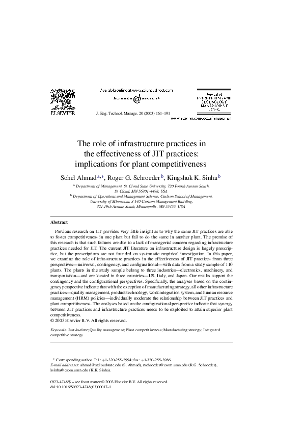 (PDF) The role of infrastructure practices in the effectiveness of JIT ...