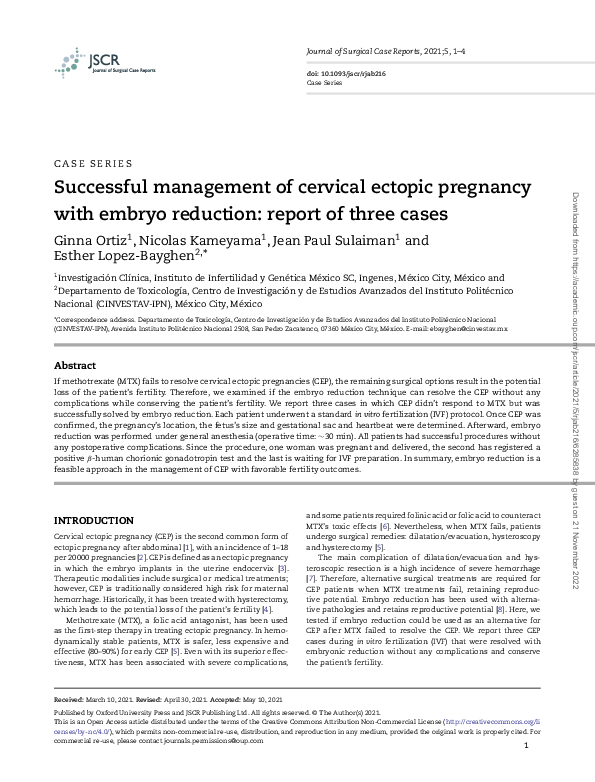 (PDF) Successful management of cervical ectopic pregnancy with embryo reduction: report of three ...