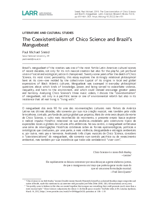 (PDF) The Coexistentialism of Chico Science and Brazil's Manguebeat