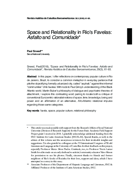 (PDF) Space and Relationality in Rio's Favelas: Asfalto and Comunidade