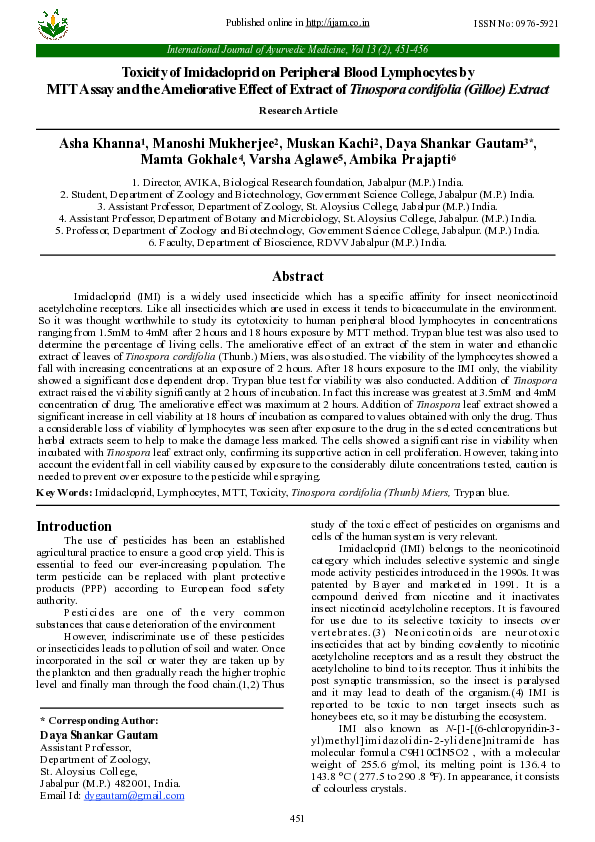 (PDF) Toxicity of Imidacloprid on Peripheral Blood Lymphocytes by MTT ...