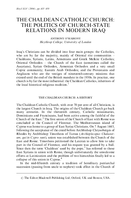 (PDF) The Chaldean Catholic Church: The Politics of Church-State ...