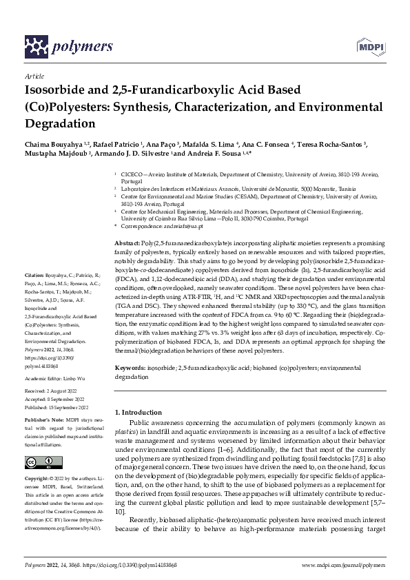 (PDF) Isosorbide and 2,5-Furandicarboxylic Acid Based (Co)Polyesters ...