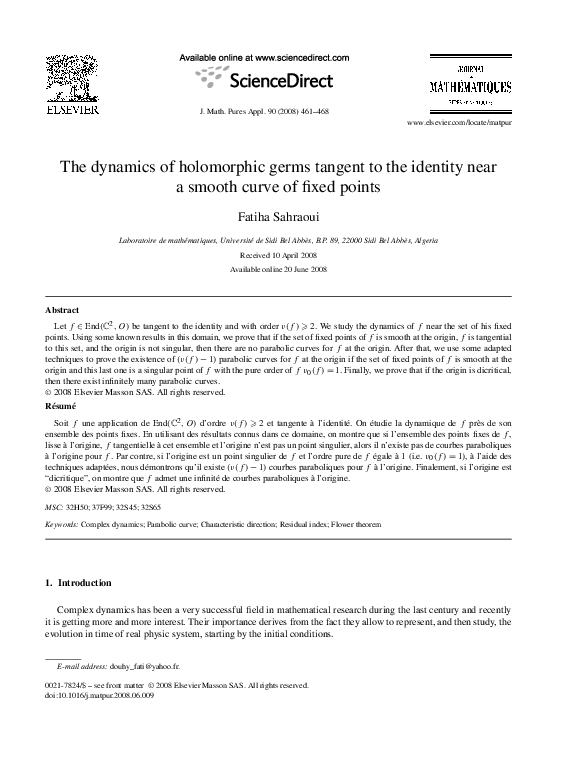 (PDF) The dynamics of holomorphic germs tangent to the identity near a ...