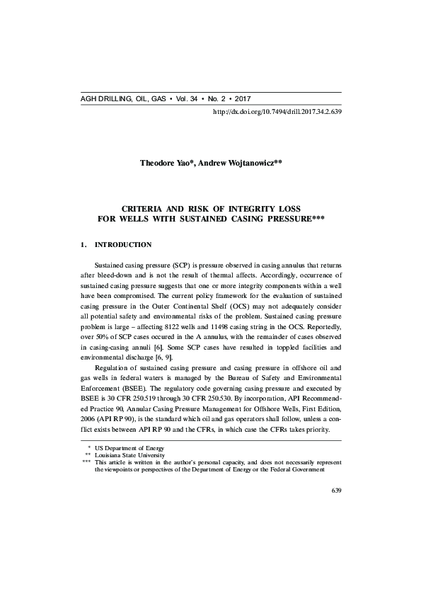 (PDF) Criteria and risk of integrity loss for wells with sustained ...