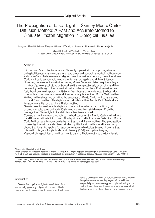 (PDF) The Propagation of Laser Light in Skin by Monte Carlo- Diffusion Method: A Fast and ...