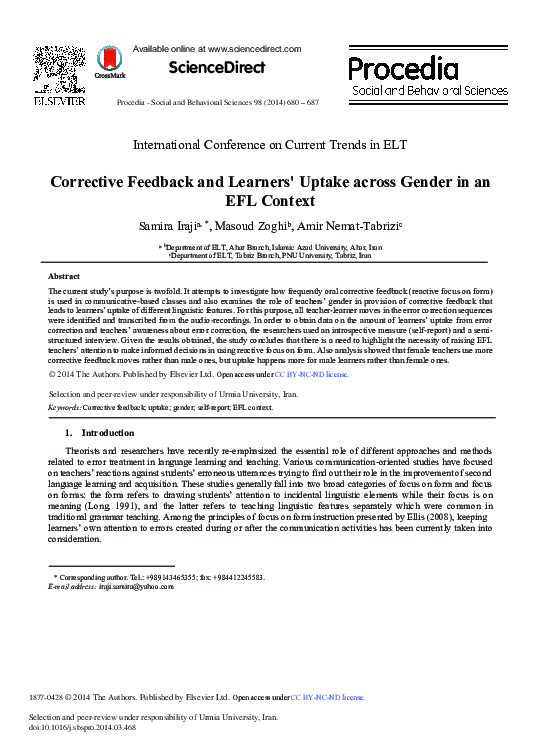 (PDF) Corrective Feedback and Learners’ Uptake Across Gender in an EFL Context