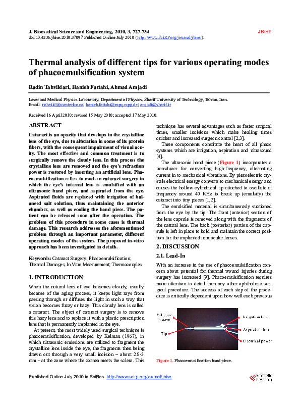 (PDF) Thermal analysis of different tips for various operating modes of phacoemulsification system