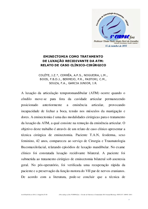 (PDF) P-o32G - Eminectomia como tratamento de luxação recidivante da ...