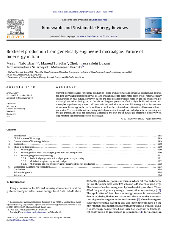 (PDF) Biodiesel production from genetically engineered microalgae: Future of bioenergy in Iran