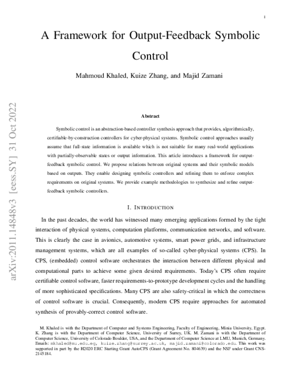 Pdf A Framework For Output Feedback Symbolic Control