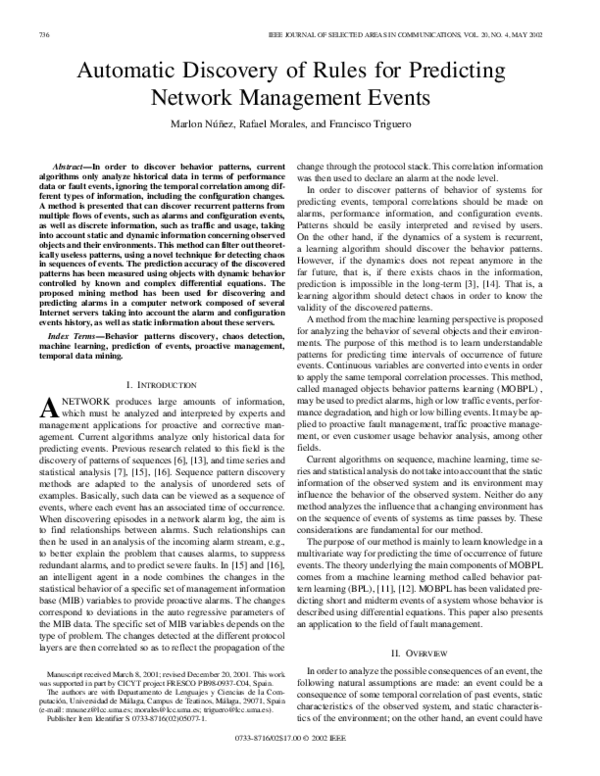 (PDF) Automatic discovery of rules for predicting network management events | Rafael Morales ...