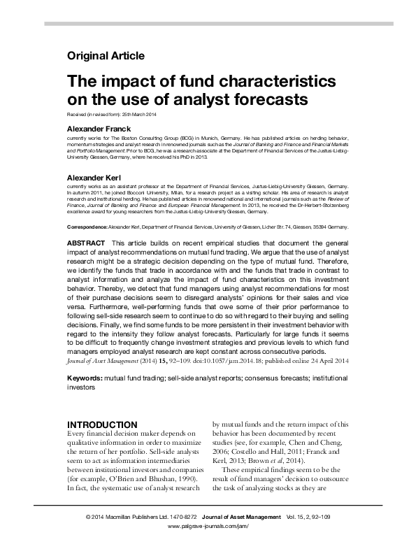 (PDF) The impact of fund characteristics on the use of analyst forecasts