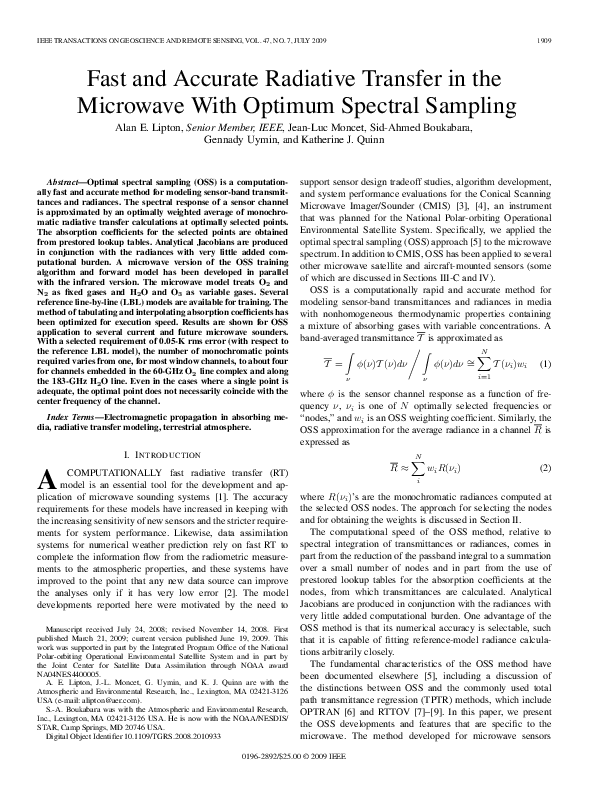 (PDF) Fast and Accurate Radiative Transfer in the Microwave With Optimum Spectral Sampling