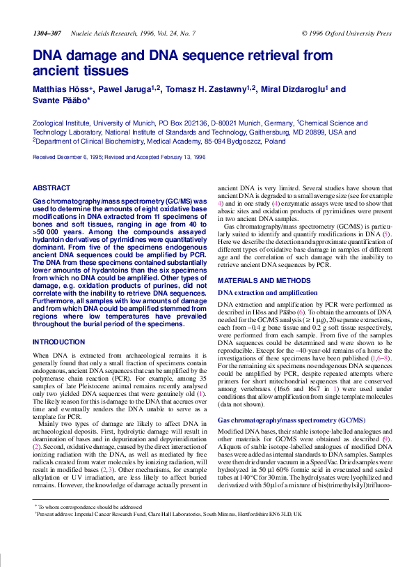 (PDF) DNA Damage and DNA Sequence Retrieval from Ancient Tissues
