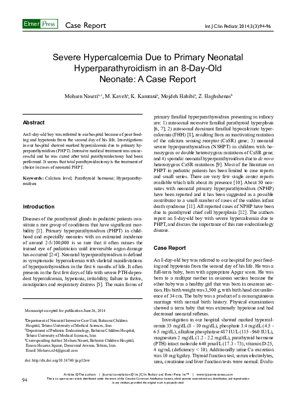 (PDF) Severe Hypercalcemia Due to Primary Neonatal Hyperparathyroidism ...
