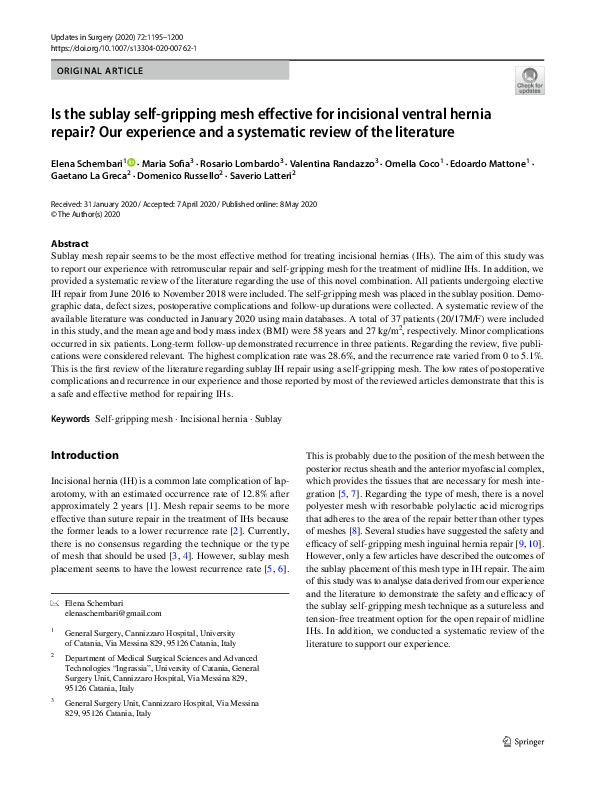 (PDF) Is the sublay self-gripping mesh effective for incisional ventral hernia repair? Our ...
