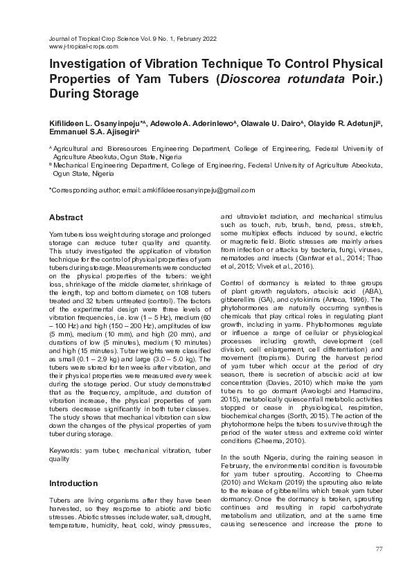 (PDF) Investigation of Vibration Technique To Control Physical Properties of Yam Tubers ...