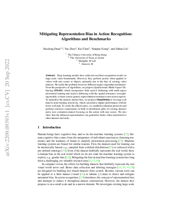 Pdf Mitigating Representation Bias In Action Recognition Algorithms And Benchmarks