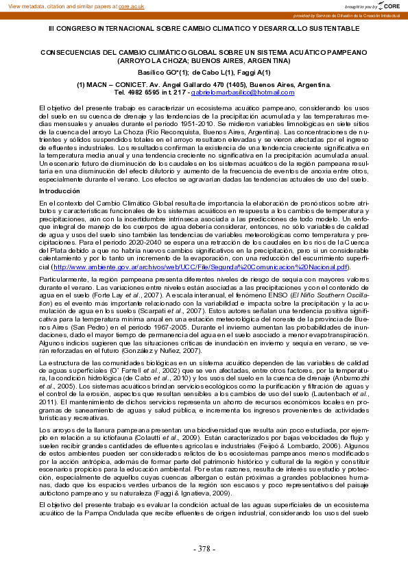 (PDF) Consecuencias del cambio climático global sobre un sistema ...