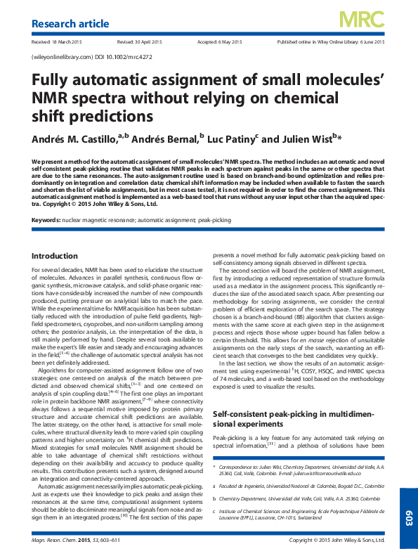 (PDF) Fully automatic assignment of small molecules' NMR spectra without relying on chemical ...