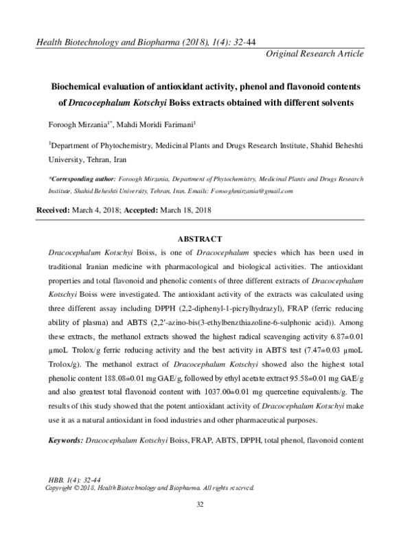 (PDF) Biochemical evaluation of antioxidant activity, phenol and flavonoid contents of ...