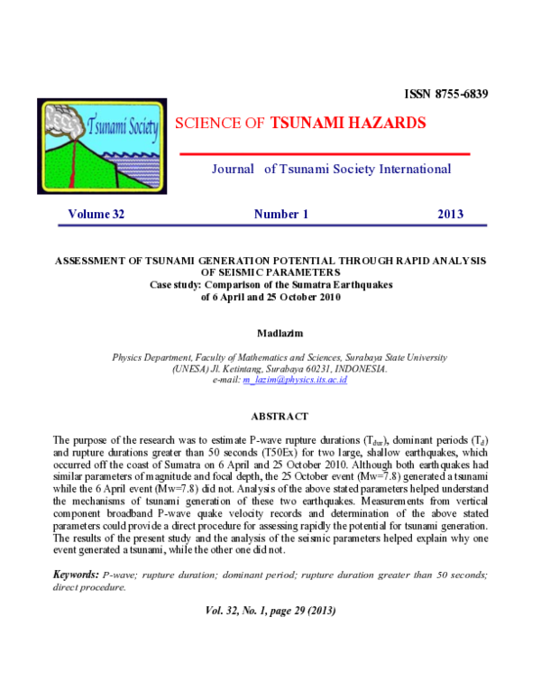 (PDF) ASSESSMENT OF TSUNAMI GENERATION POTENTIAL THROUGH RAPID ANALYSIS ...