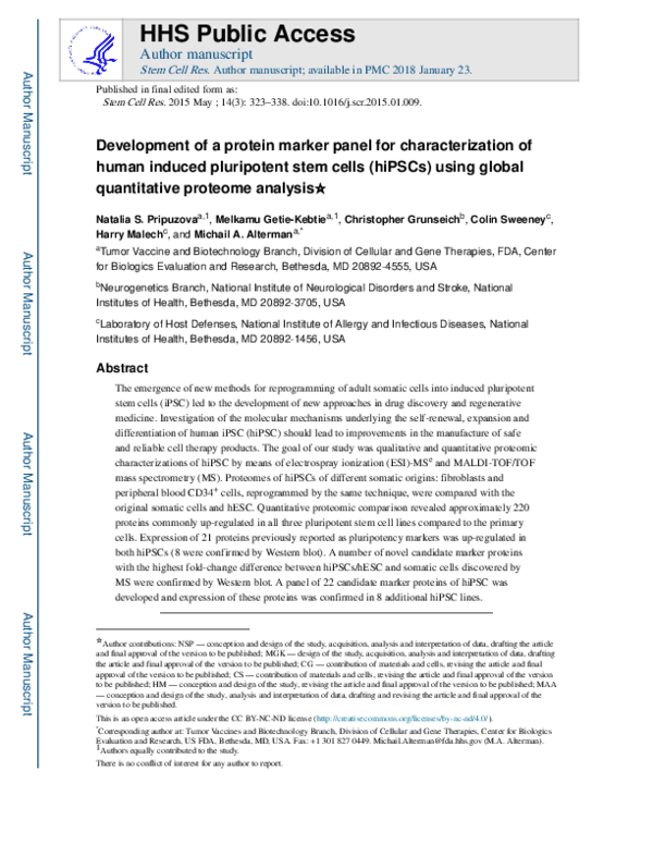 (PDF) Development of a protein marker panel for characterization of human induced pluripotent ...
