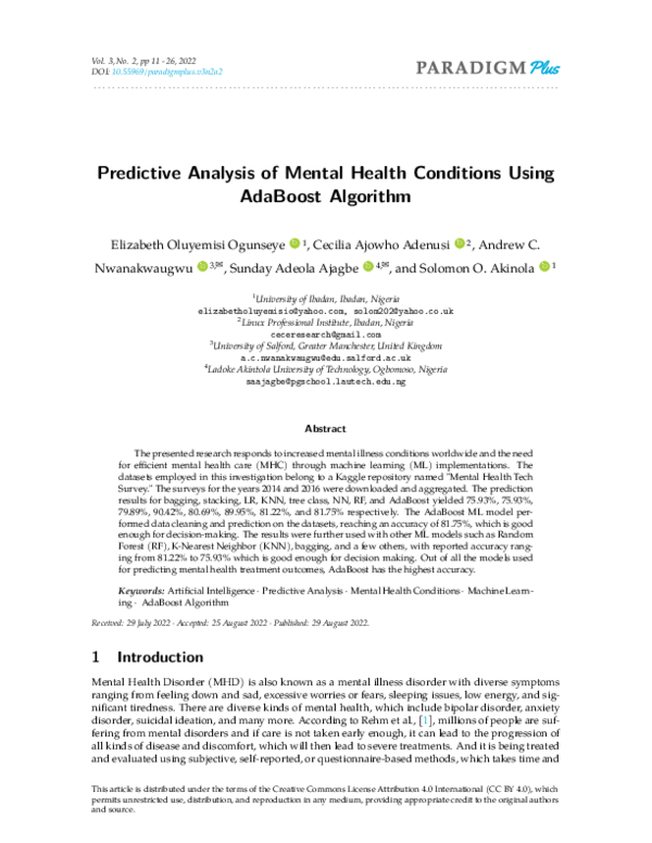 (PDF) Predictive Analysis of Mental Health Conditions Using AdaBoost ...