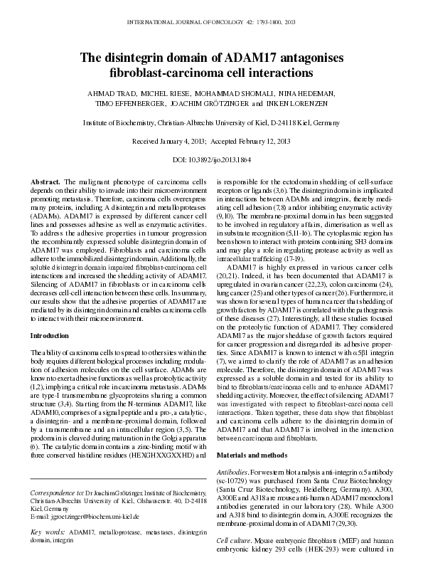 (PDF) The disintegrin domain of ADAM17 antagonises fibroblast-carcinoma ...