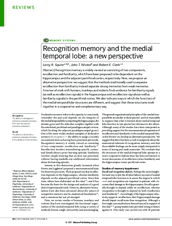 (PDF) Recognition memory and the medial temporal lobe: a new perspective