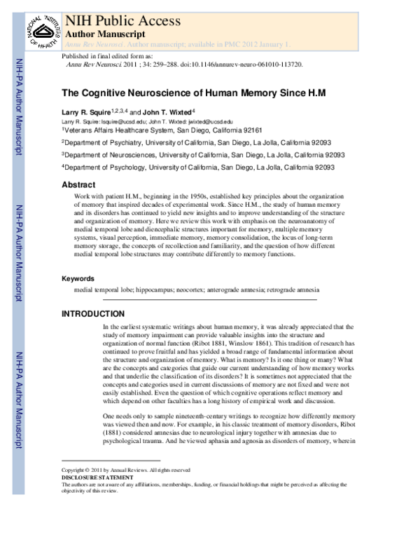 (PDF) The Cognitive Neuroscience of Human Memory Since H.M