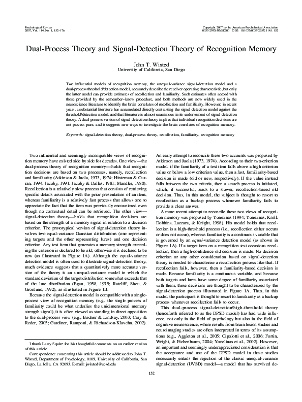 Pdf Dual Process Theory And Signal Detection Theory Of Recognition Memory