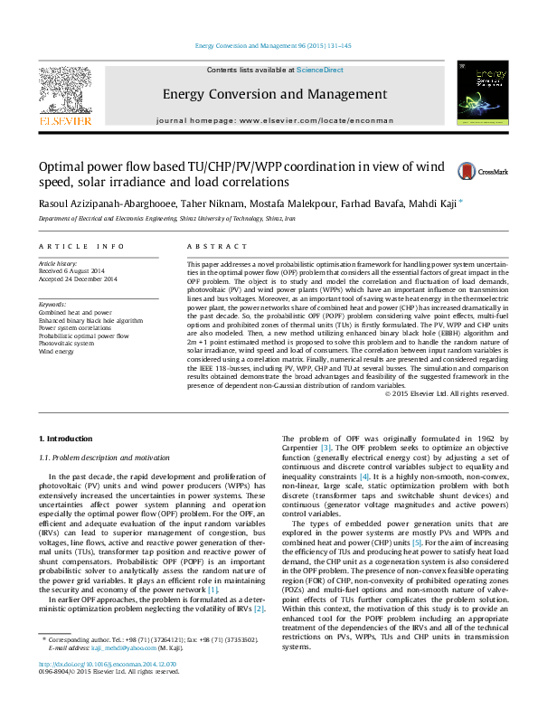 (PDF) Optimal power flow based TU/CHP/PV/WPP coordination in view of wind speed, solar ...